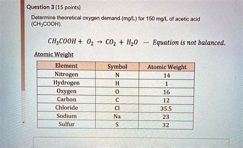 Solved Question 3 15 Points Determine The Theoretical Oxygen Demand