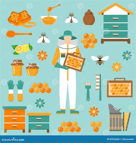 Honey Beekeeping Vector Flat Icons Set Stock Vector Illustration Of