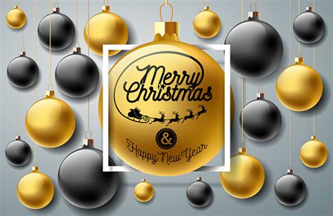 골드 유리 볼과 밝은 배경에 인쇄 술 요소 벡터 메리 크리스마스 일러스트 휴일 프리미엄 인사말 카드 파티 초대장 또는 프로 모션 배너 디자인 3차원 형태에 대한 스톡 벡터