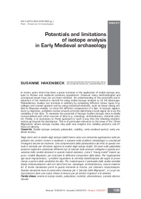 Potential And Limitations Of Isotope Analysis In Early Medieval Archaeology