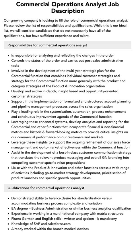 Commercial Operations Analyst Job Description Velvet Jobs