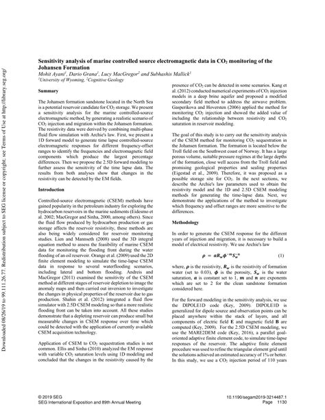 PDF Sensitivity Analysis Of Marine Controlled Source Electromagnetic Data In CO Monitoring Of