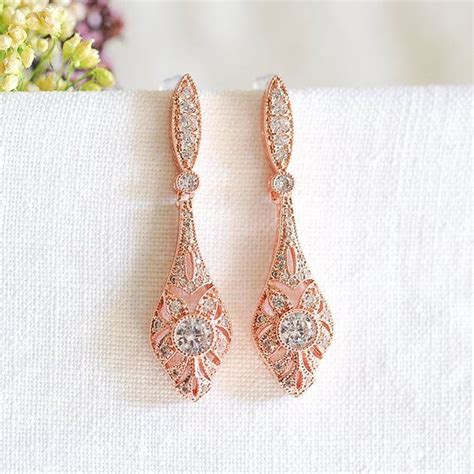Wedding Earrings Rose Gold Bridal Earrings Art Deco Crystal Dangle