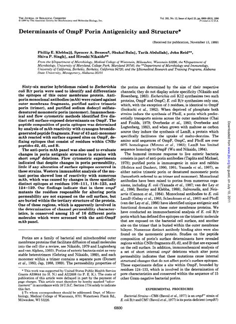 Pdf Determinants Of Ompf Porin Antigenicity And Structure