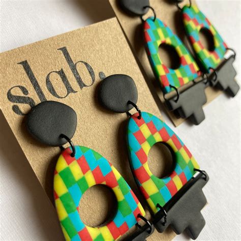 Colourful Chequered Polymer Clay Earrings Aztec Slab Dangles Etsy Uk