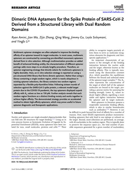Pdf Dimeric Dna Aptamers For The Spike Protein Of Sars‐cov‐2 Derived
