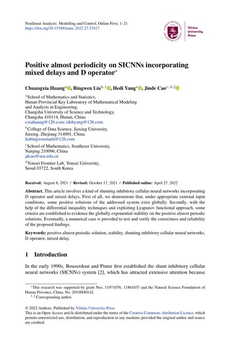 Pdf Positive Almost Periodicity On Sicnns Incorporating Mixed Delays And D Operator