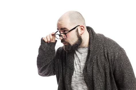 A Bald Man With Glasses And A Beard Is Surprised On A White Background