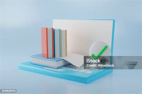 파란색 배경에 노트북에 있는 책 더미의 3d 그림 교육 개념 0명에 대한 스톡 사진 및 기타 이미지 0명 3차원 형태
