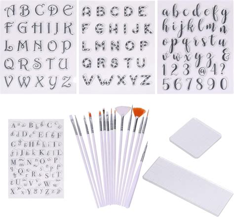 4pcs Alphabet Cake Stamps Tool With 15pcs Brushes And 2pcs Acrylic
