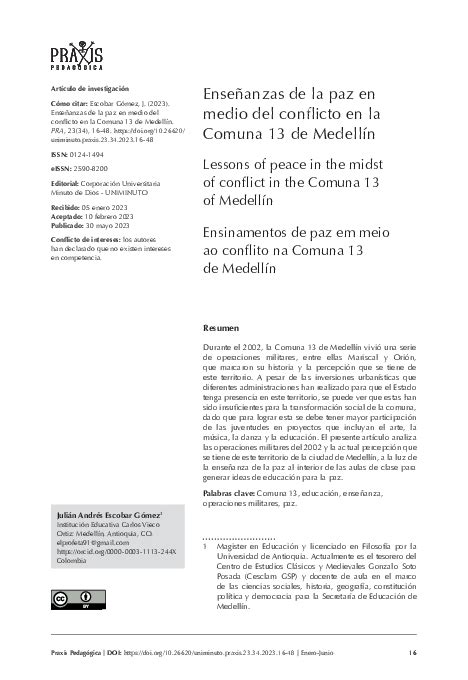 Pdf Enseñanzas De La Paz En Medio Del Conflicto En La Comuna 13 De