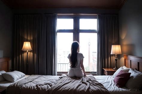 Premium Ai Image Woman Sitting On A Bed In Front Of A Window