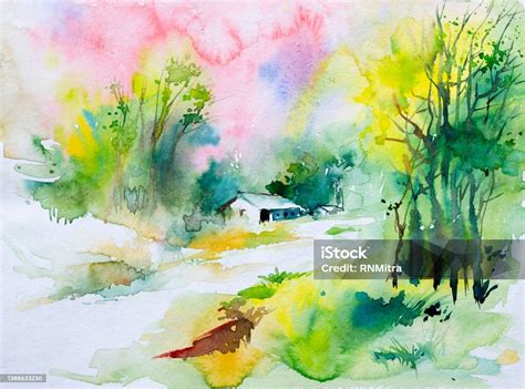 인도 마을의 수채화 그림 녹색 숲 배경과 전경에 마을 도로와 집 페인트와 브러시로 만든 인도 수채화 그림 0명에 대한 스톡 벡터