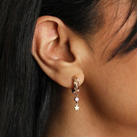 Pearl And Crystal Star Charm Huggie Hoop Earrings Lisa Angel