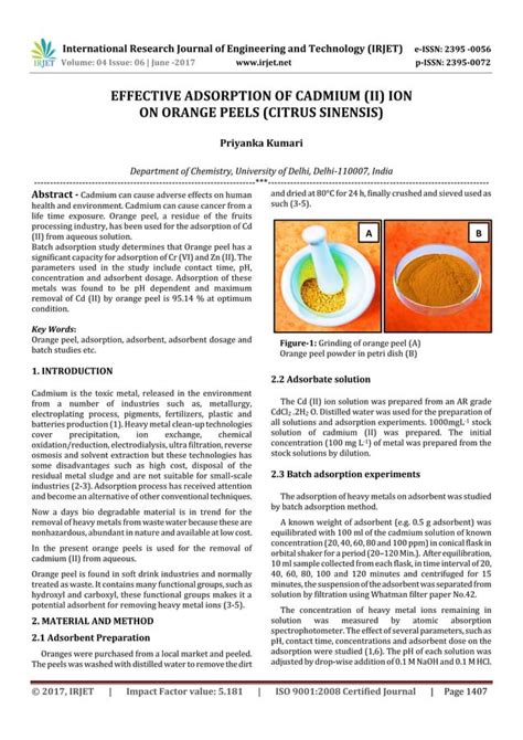 Effective Adsorption Of Cadmium II Ion On Orange Peels Citrus