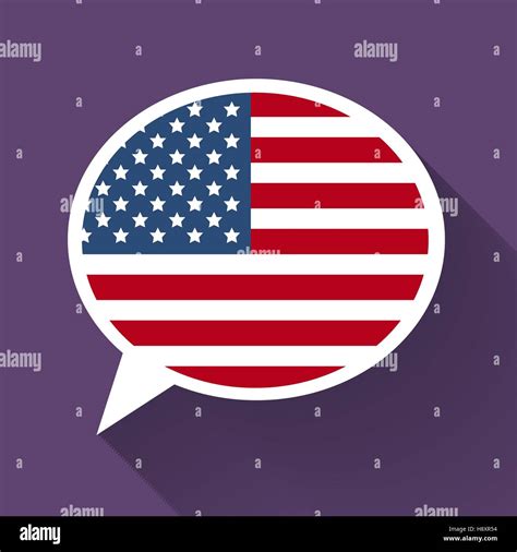 White Speech Bubble With American Flag And Long Shadow On Purple Background American English