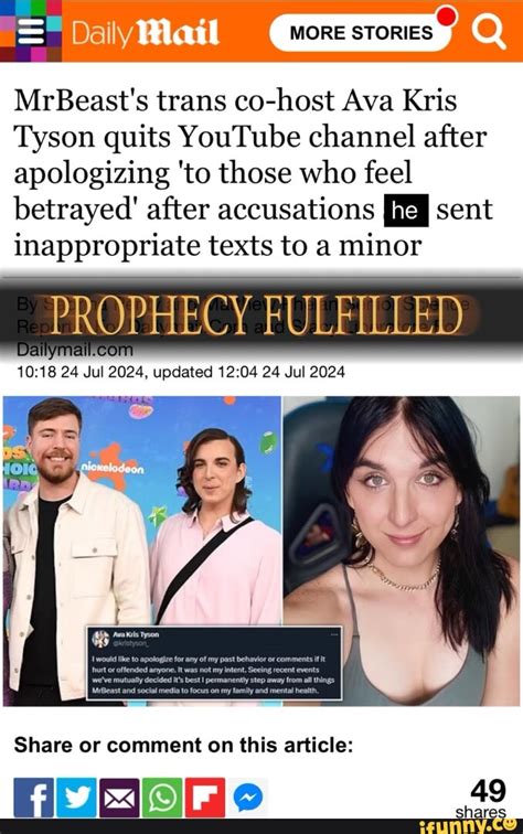 MORE STORIES MrBeast's trans co-host Ava Kris Tyson quits YouTube channel after apologizing 'to ...