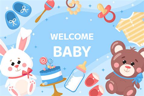 벡터 베이비 샤워 초대장 배경 템플릿 포스터입니다 만화 유치한 장난감 곰 토끼 어린이 부티 젖꼭지 파란색 배경에 병 정사각형