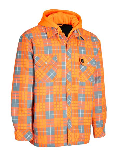 Hi Vis Orange Hooded Plaid Quilt Lined Flannel Shirt Jacket