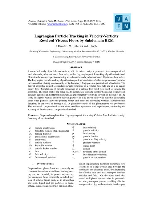 Pdf Lagrangian Particle Tracking In Velocity Vorticity Resolved