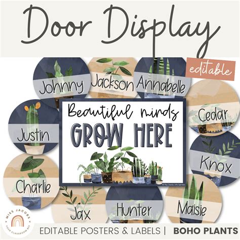 Modern Boho Plants Door Display Editable Rustic Classroom Decor