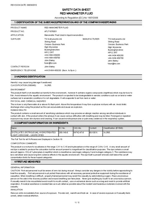 Tsi Red Manometer Fluid Coshh Data Sheet Safety Data Sheet Red