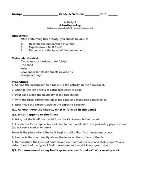 Activity Sheets Pdf Fault Geology Geology