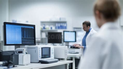 Modern Laboratory Research With Scientists Analyzing Data On Computers Stock Illustration