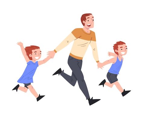 Premium Vector Dad And His Sons Running Holding Hands Father And His