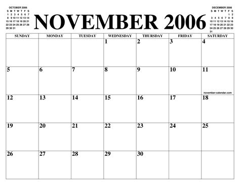 November 2006 Calendar Of The Month Free Printable November Calendar