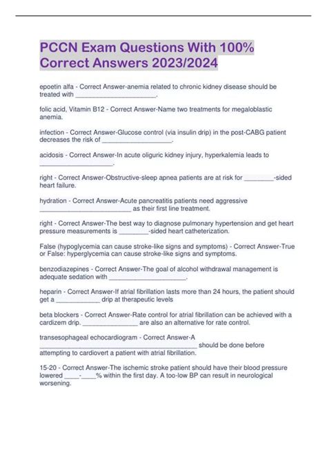 Pccn Exam Questions With 100 Correct Answers 2023 2024 Pccn Exations
