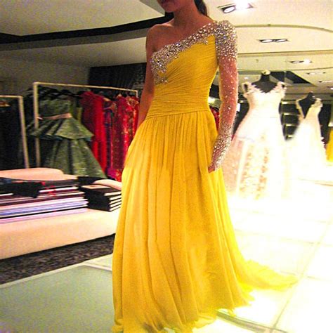 Yellow Elegant One Shoulder Long Sleeve Prom Dresses Custom Made A Line