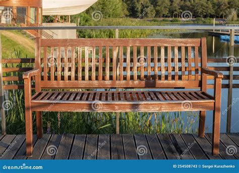 Old Wooden Bench By The River Bank Stock Image Image Of Panoramic