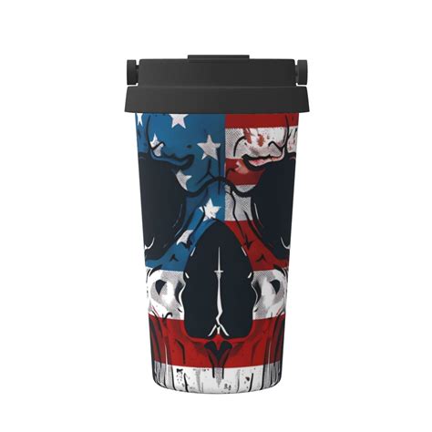 Fuzoiu American Flag Skull Print Stainless Steel Travel Mug Vacuum