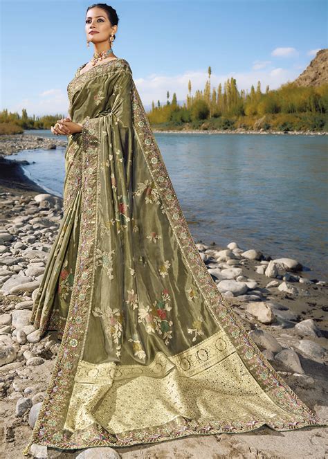 Olive Green Banarasi Saree With Embroidery Work Urban Womania