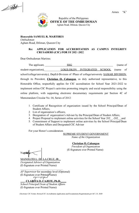 Manuh Cic Application Forms Per Sec Annex “k” Republic Of The