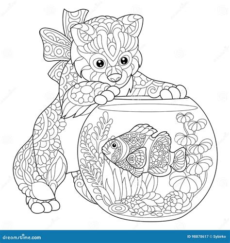 Zentangle Stylized Kitten And Clown Fish Stock Vector Illustration Of