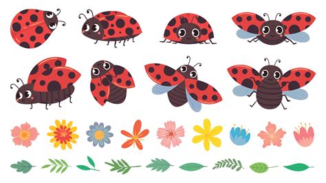 Cartoon Ladybug Cute Ladybugs With Flowers And Leaves Red Bug And