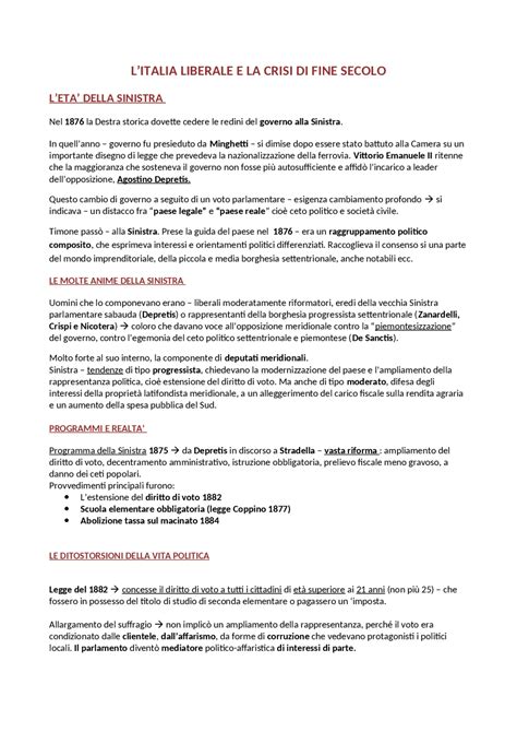 Litalia Liberale E La Crisi Di Fine Secolo Schemi E Mappe
