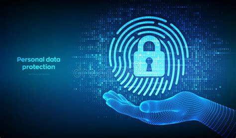 Fingerprint With Padlock Icon Made With Binary Code In Wireframe Hand Personal Data Protection
