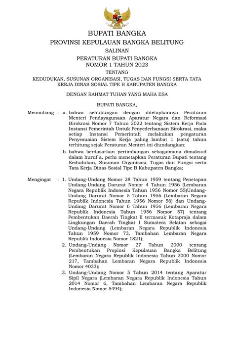 SOLUTION Perbup No 1 Tahun 2023 Ttg Kedudukan Susunan Organisasi Tugas