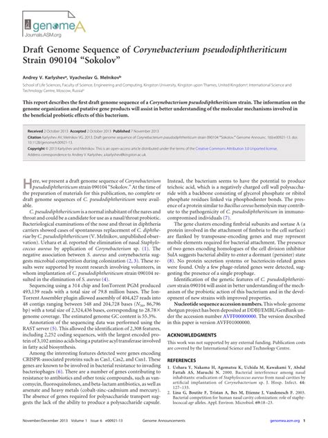 Pdf Draft Genome Sequence Of Corynebacterium Pseudodiphtheriticum Strain 090104 “sokolov”