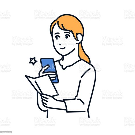 스마트폰으로 알림 엽서를 촬영하는 젊은 여성의 벡터 일러스트 레이 션 자료 사람들에 대한 스톡 벡터 아트 및 기타 이미지 사람들 사진 촬영 이벤트 이미지 캡처