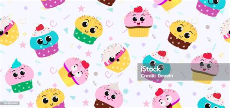 컵케이크 이음매 없는 벡터 디자인 흰색 배경에 낙서가 있는 귀여운 생일 컵케이크 요소 공휴일에 대한 스톡 벡터 아트 및 기타 이미지 공휴일 귀여운 낙서 드로잉