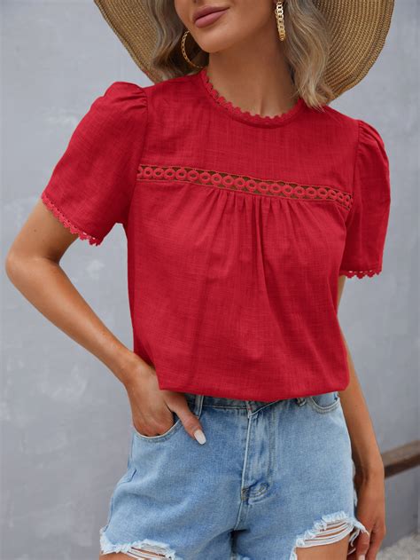 SHEIN Blusa Panel Con Encaje De Manga Farol