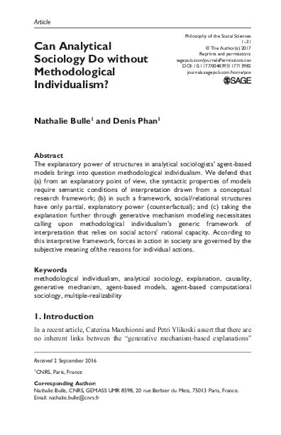 Pdf Can Analytical Sociology Do Without Methodological Individualism