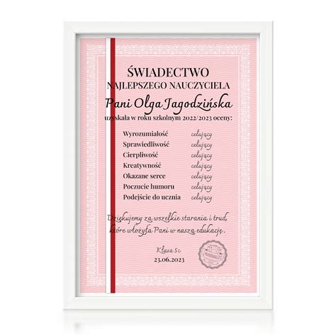 Świadectwo Szkolne W Ramie Prezent Dla Nauczyciela Plakat świadectwo W
