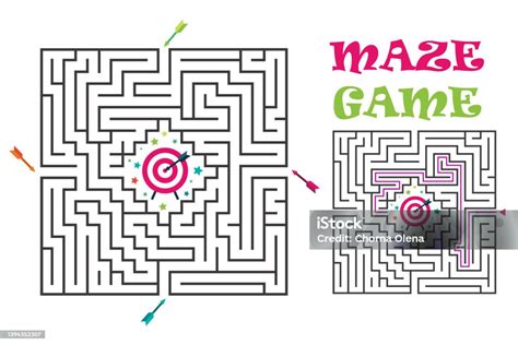 아이들을위한 광장 미로 미로 게임 표적과 화살표와 미로 논리 수수께끼 4 입구와 갈 수있는 하나의 올바른 방법 벡터 플랫 일러스트레이션 검색에 대한 스톡 벡터 아트 및 기타