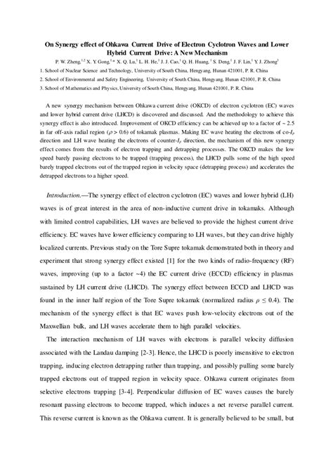 Pdf On Synergy Effect Of Ohkawa Current Drive Of Electron Cyclotron