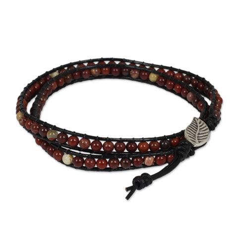 Red Jasper Beaded Leather Wrap Bracelet From Thailand Special Red